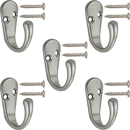 Neighbours Lane Towel Hooks for Bathroom Wall Mounted - Satin Nickel Single Prong Wall Hooks for Hanging Coats, Clothes, Bags, Hats, Towels, & More - Pack of 5 Small-Sized Hooks