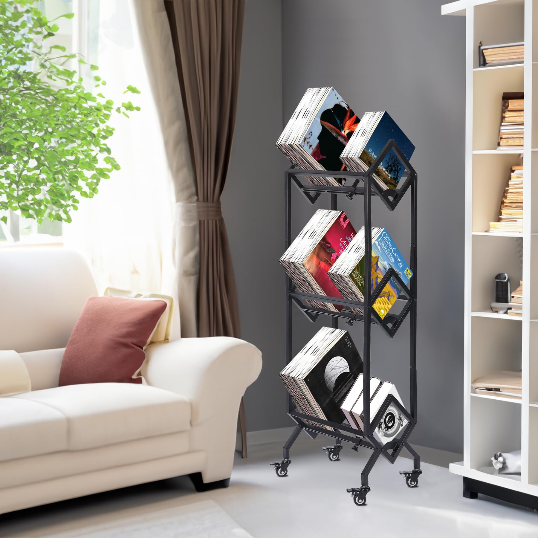Eastrexon 3 Tier Vinyl Record Storage Rack with Casters, 240-300 LP Storage Display Stand, Metal Vinyl Record holder, Design for Files/Book/Magazine Records Rack