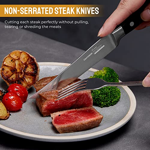 OAKSWARE Steak Knives Set of 8 with Block, 5 inch Non Serrated Steak Knife Set, 8 Pieces Professional Straight Edge Kitchen Table Dinner Knives - Forged German Steel - Full Tang Handle