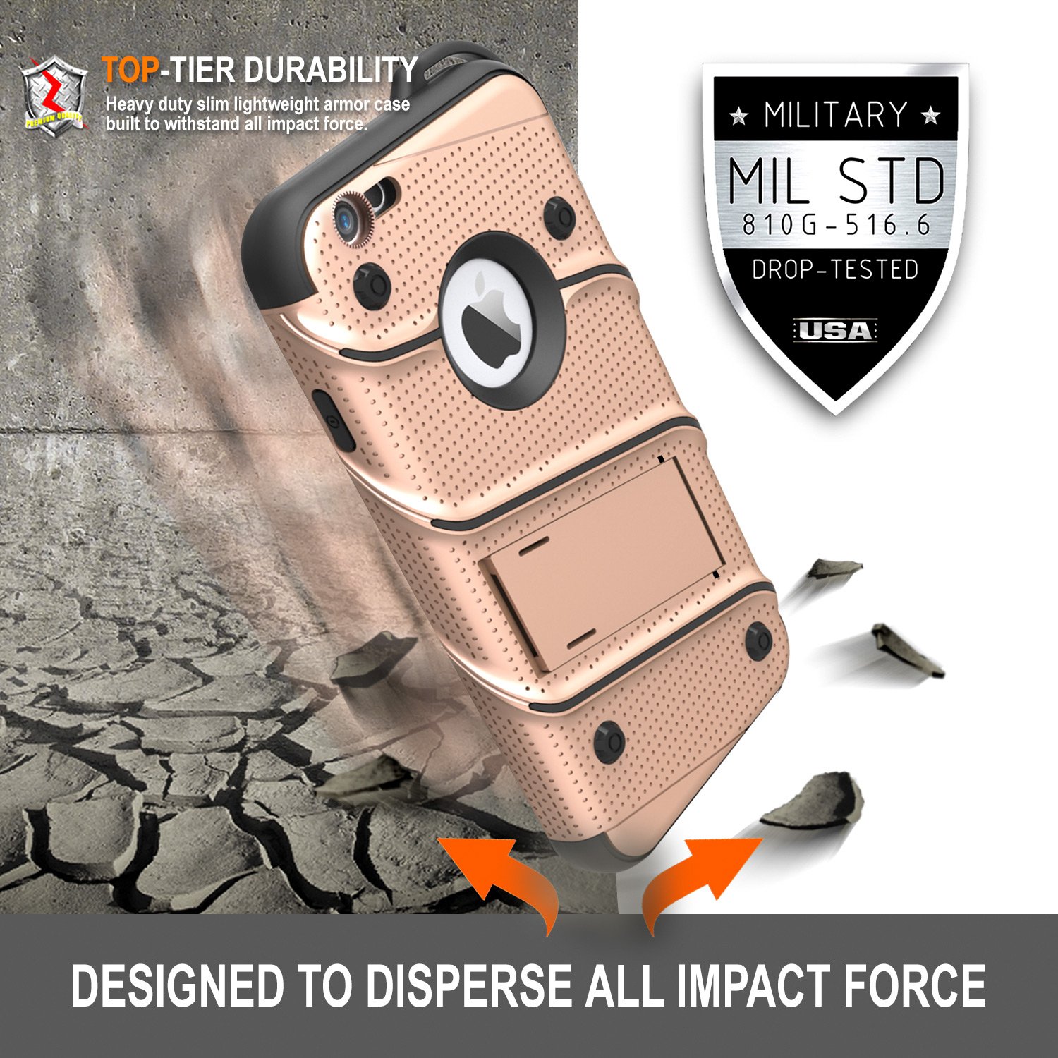 Zizo Dual Layer Military Grade Kickstand Bolt Holster Cover with 9H Tempered Glass Screen Protector for iPhone 6/ 6s - Rose Gold/ Black
