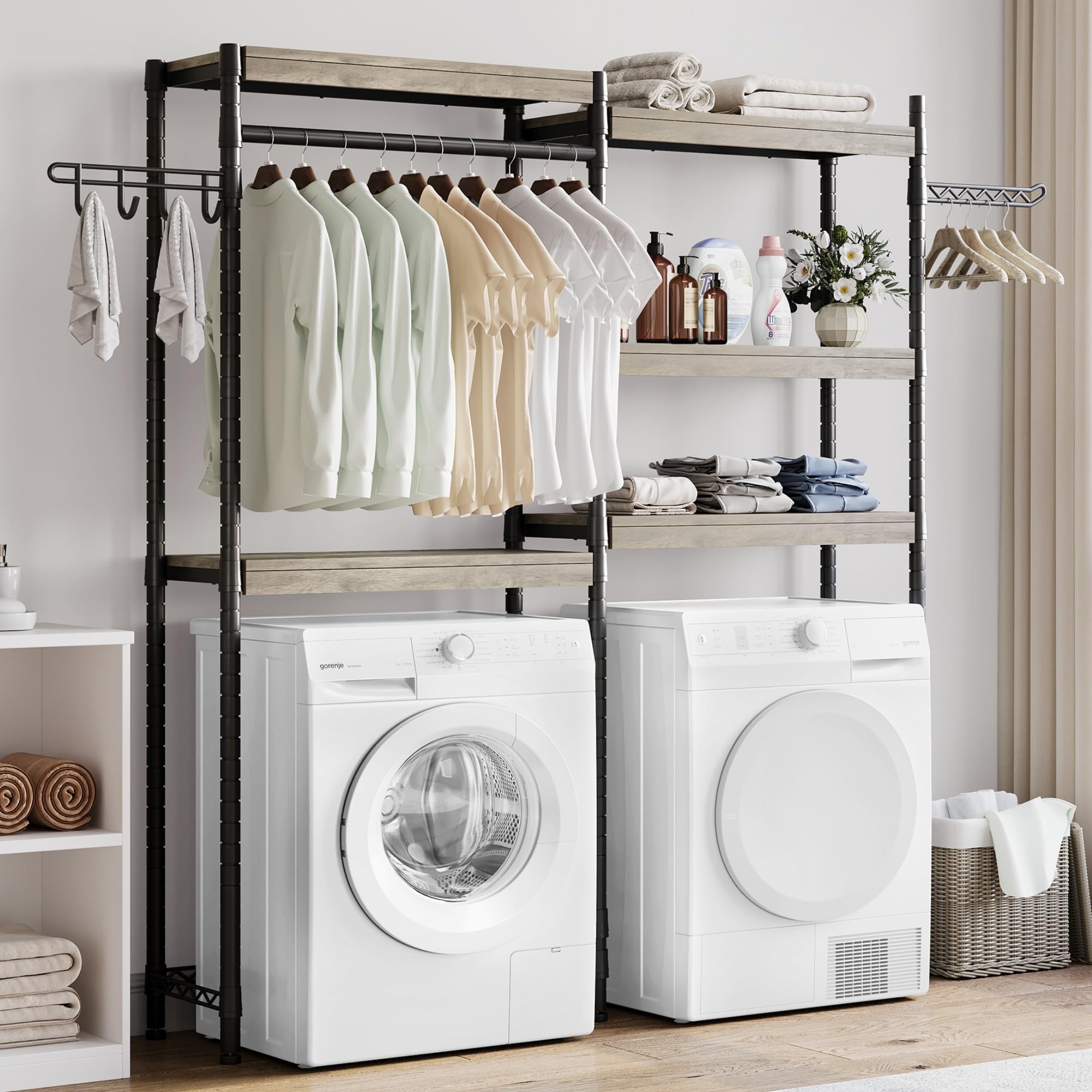 IDEALHOUSE Laundry Room Organization and Storage,5 Tier Wood Over The Washer and Dryer Storage Shelf with Drying Clothes Racks,Space Saver Heavy Duty Bathroom Laundry Shelf for Home Storage and Decor