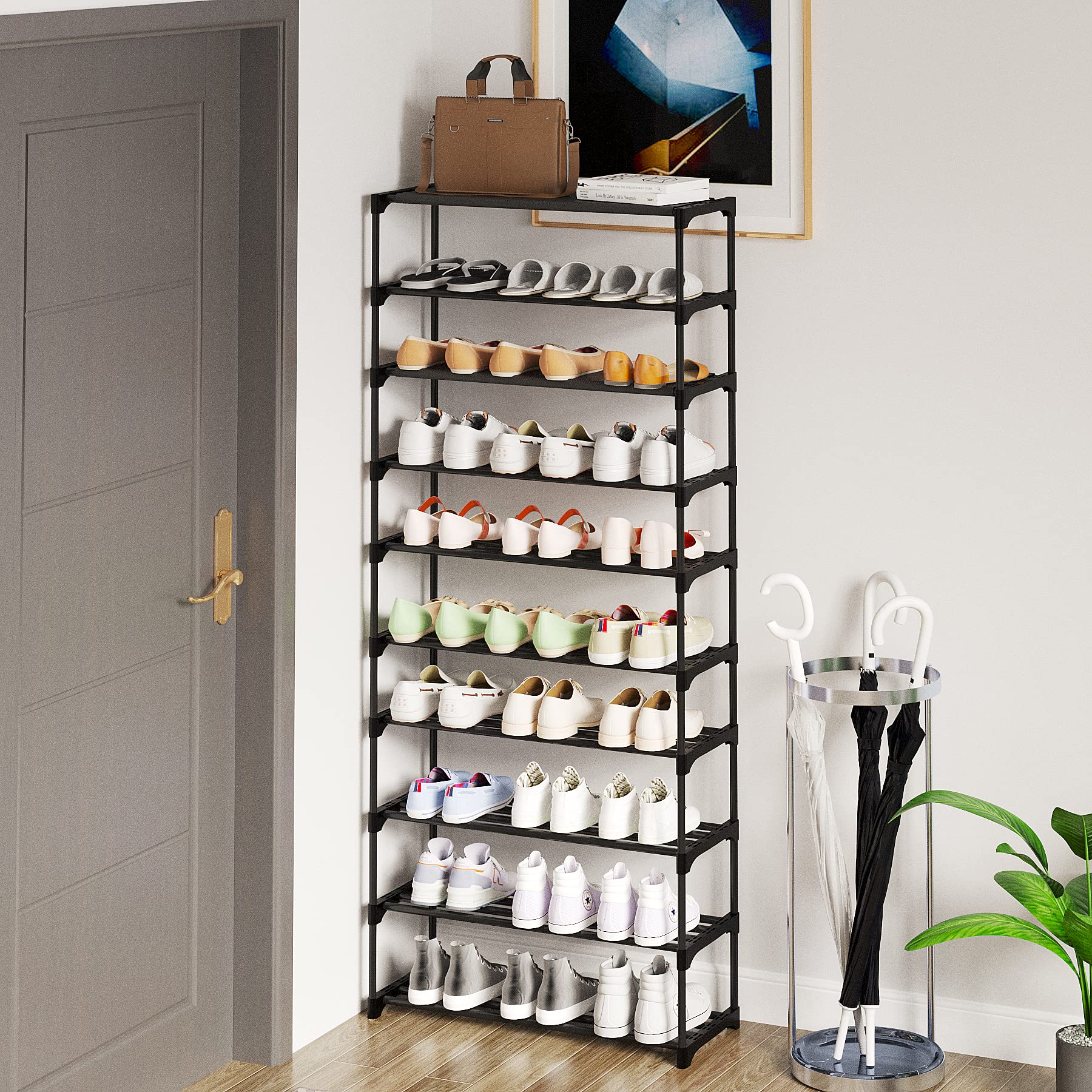 Calmootey 10-Tier Shoe Rack,Shoe Shelf Storage Organizer,Entryway,Bedroom,Black
