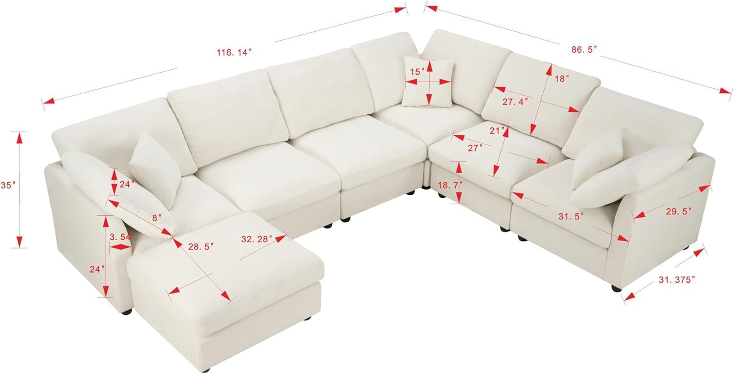 FANYE Oversized 7 Seater Modular Cushions Sectional Sofa Couch with Movable Ottoman,U-Shaped Corner Deep Seat Sectional&Couch Convertible Spacious Sleeper Sofabed for Home Apartment Living Room Sets