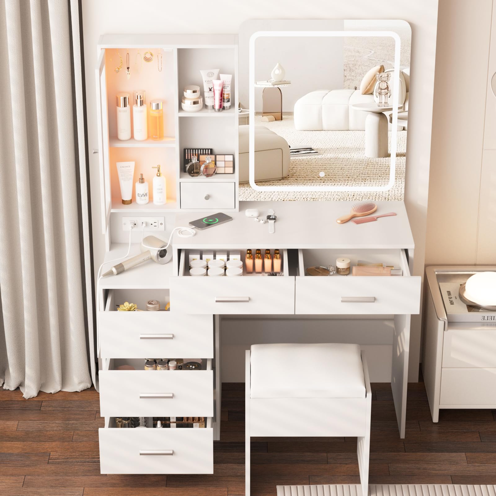 Fameill Makeup Vanity Desk with Mirror and Lights, White Vanity Table Set with Charging Station, Dressing Table with RGB Cabinet, Makeup Vanity Mirror with 5 Drawer, Hooks, Storage Shelves, Chair