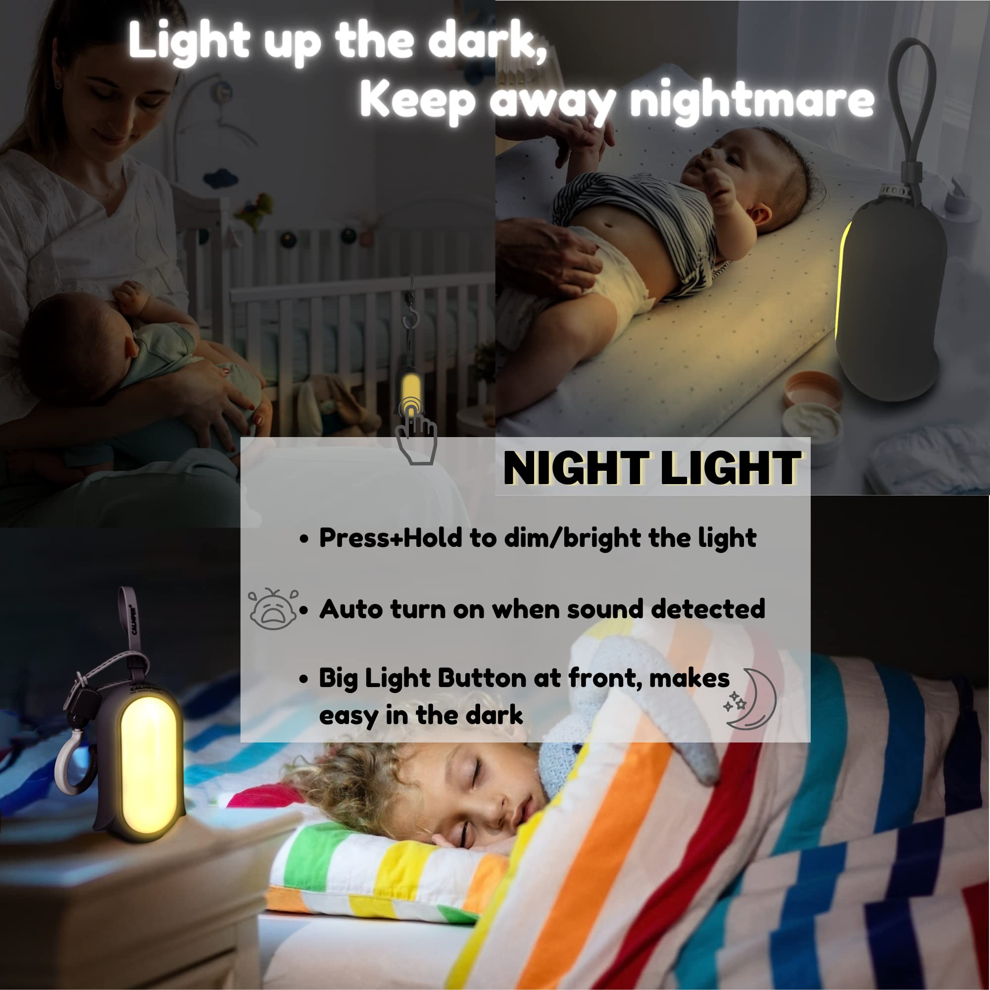 Calmper Portable Sound Machine for Baby Sleeping with nightlight – 80H Continuous Shushing White Noises - 3 Auto-Off Timers - Sound Sensor Auto-On - Night Light for Kids - Baby Essentials (Gray)