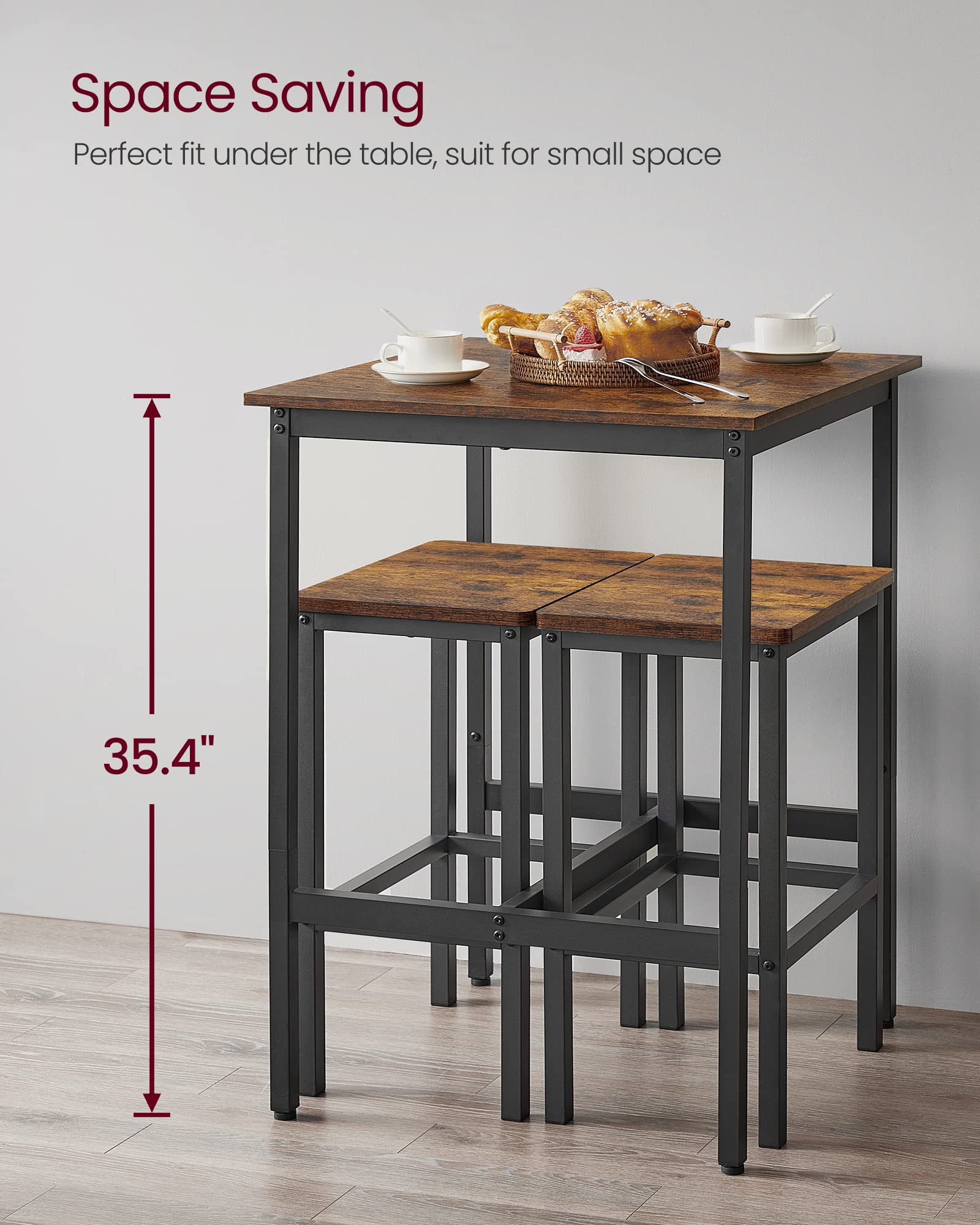 VASAGLE Bar Table and Chairs Set, Square Bar Table with 2 Bar Stools, Dining Pub Bar Table Set for 2, Space Saving for Kitchen Breakfast, Living Room, Party Room, Rustic Brown and Black