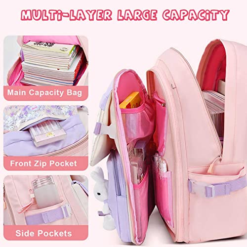 Nzahdwu Kawaii Backpack Girls, Cute Bunny Backpacks,Cartoon Large Capacity Waterproof Backpack Multifunction Laptop Travel Bag for Teens (Pink-17.7in)