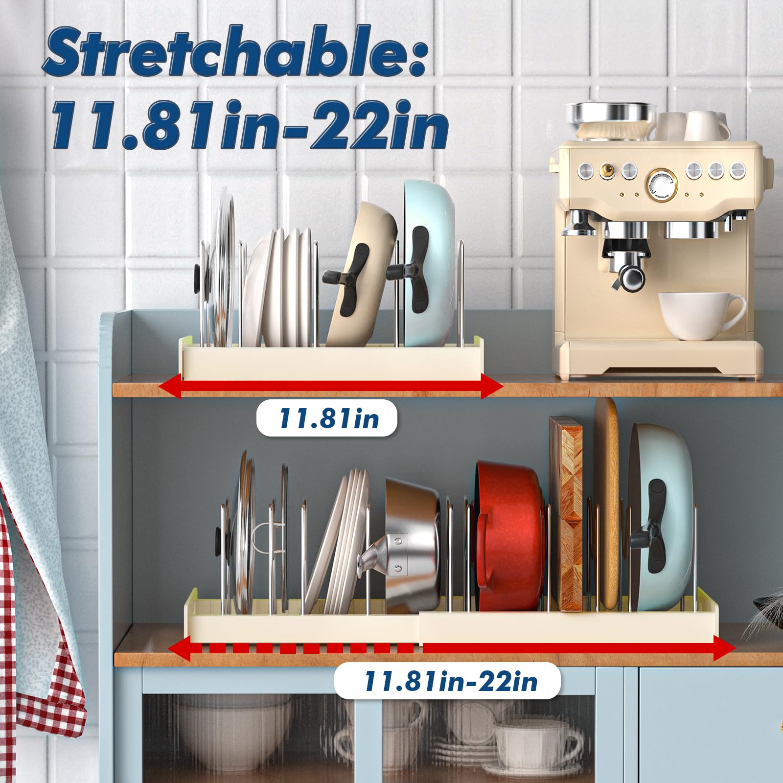 COTTONCARE Expandable Pot and Pan Organizers Rack for cabinet - Pot Lid Organizer Rack Holder with 7 Adjustable Dividers, Kitchen Cabinet Cookware Baking Organizer, White 11.81''-22''