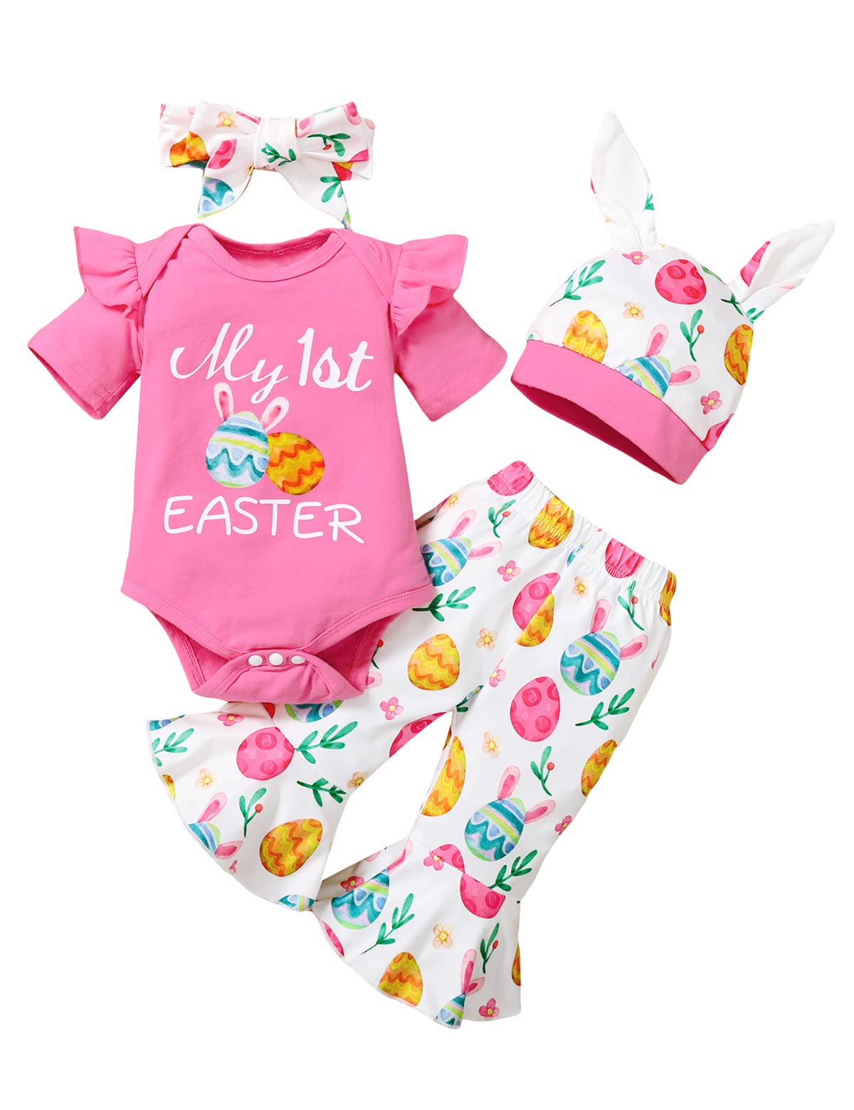 MoryGooder Baby Girl My 1st Easter Outfit Newborn Easter Bell Bottom Outfit (Pink,0-3 Months)