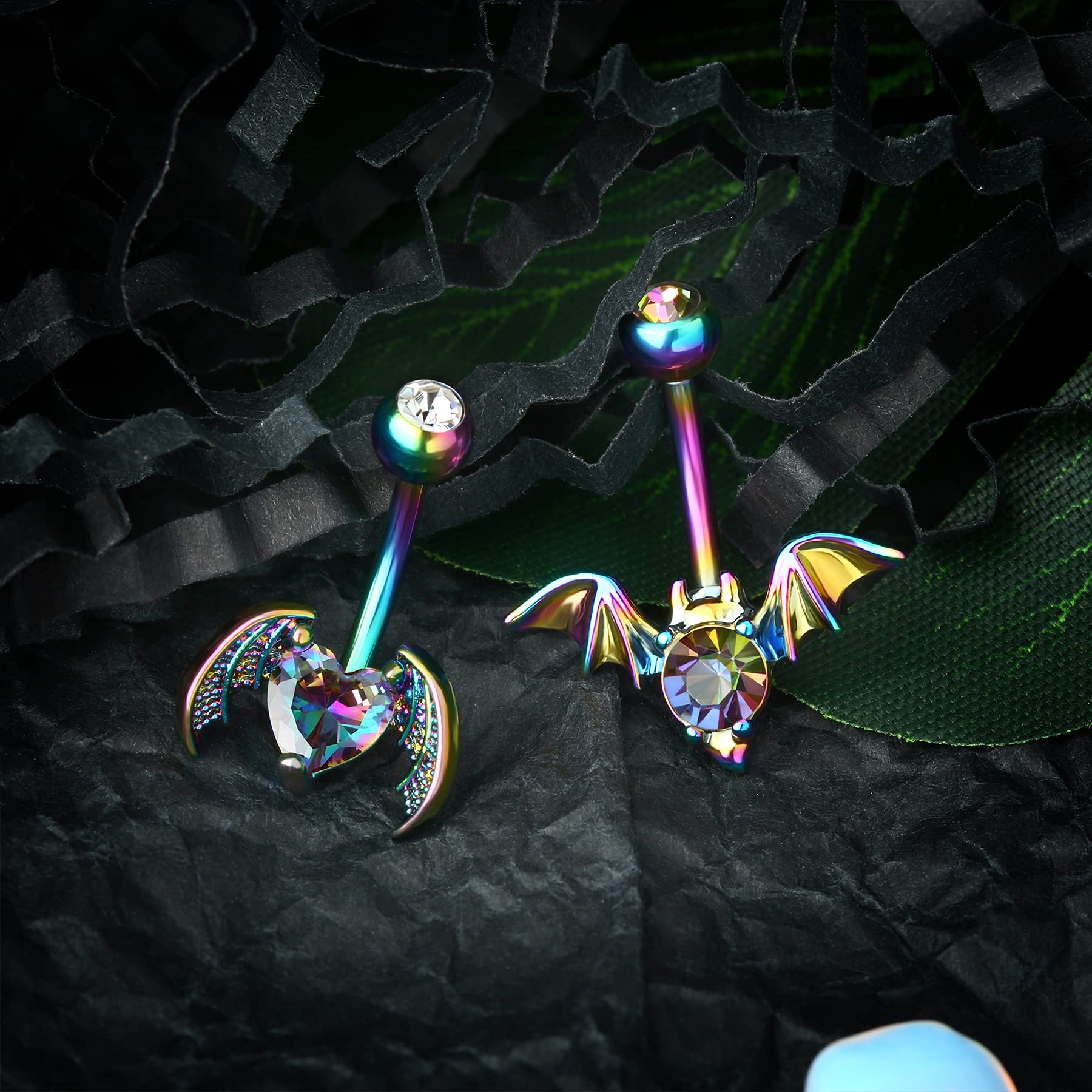 CM Crareesi Mania Navel Piercing Jewelry 14G Bat Belly Button Ring 316L Stainless Steel 10mm Belly Ring Rainbow Belly Button Piercing Jewelry for Halloween