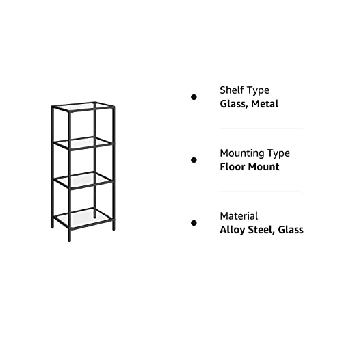 VASAGLE Bookcase, 4-Tier Bookshelf, Slim Shelving Unit for Bedroom, Bathroom, Home Office, Tempered Glass, Steel Frame, Black ULGT028B61