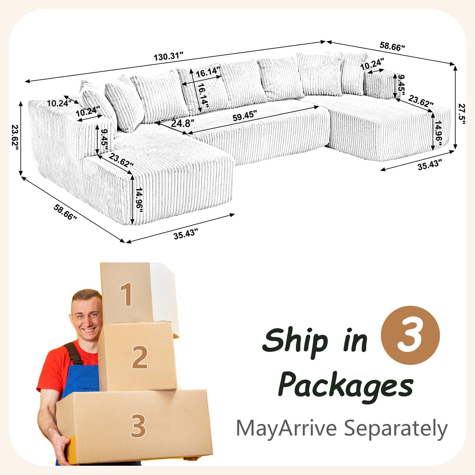 HANLIVES 130" Oversized 6 Seats U-Shaped Sofas for Living Room Apartment,Modern Large Cloud Sofa with Double Chaise,Corduroy Fabric Sectional Sofa Couch-White