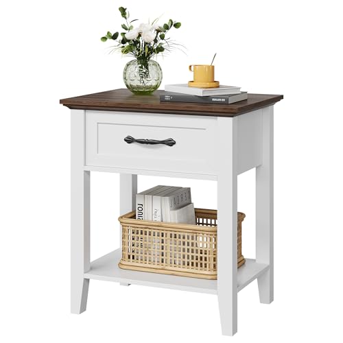 GarveeHome Nightstands, End Table with Drawer, Side Table for Living Room, 2 Tiers Storage Shelves Bedside Table for Study Room, Bedroom, Dorm, 2pcs-White