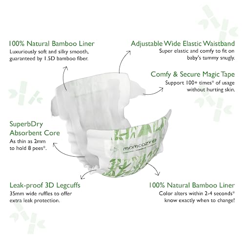Momcozy Newborn Diapers, Natural Bamboo Diapers Hypoallergenic for Sensitive Skin, 12 Hours Dry by Breathable liner and Absorbent Core with Leak-proof 3D Legcuffs, Disposable Diapers Size 1 (80 Count)