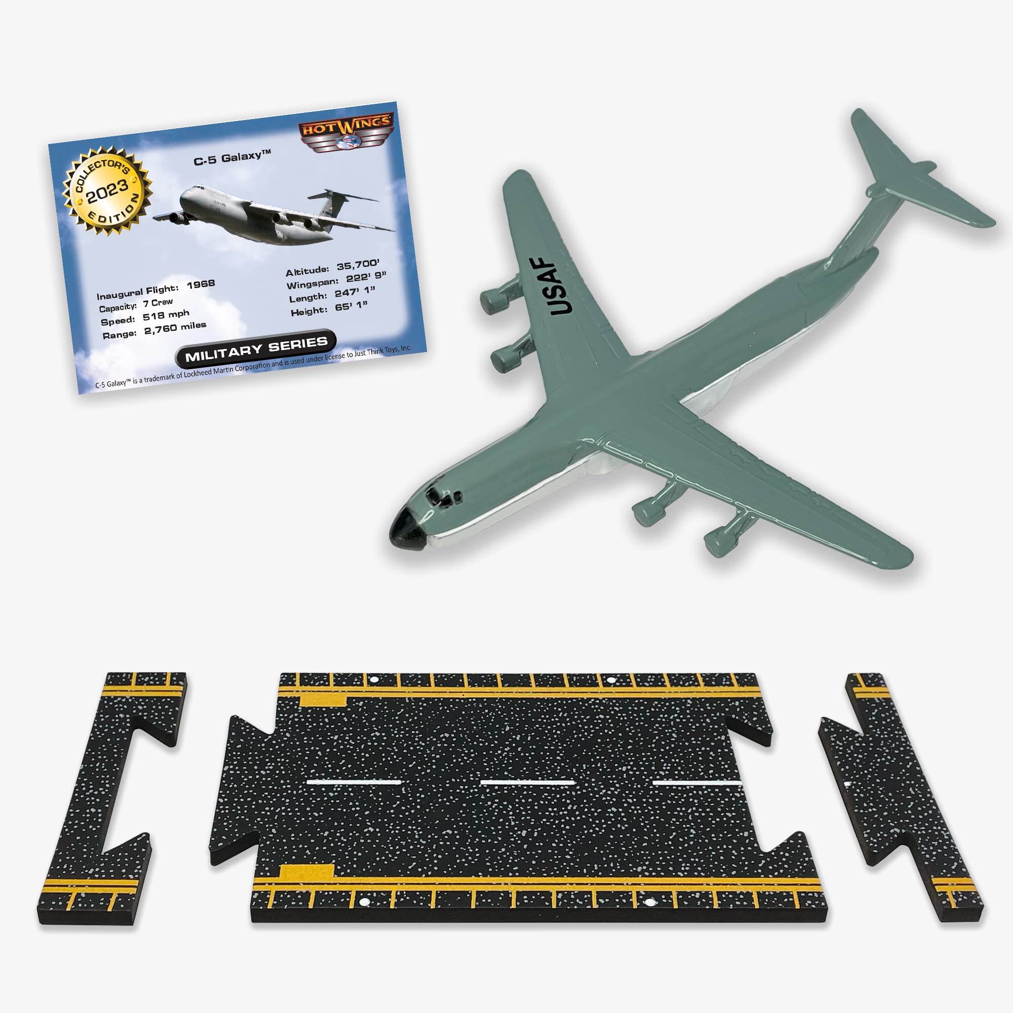Hot Wings Planes C-5 Galaxy with Connectible Runway Die Cast Plane,Green