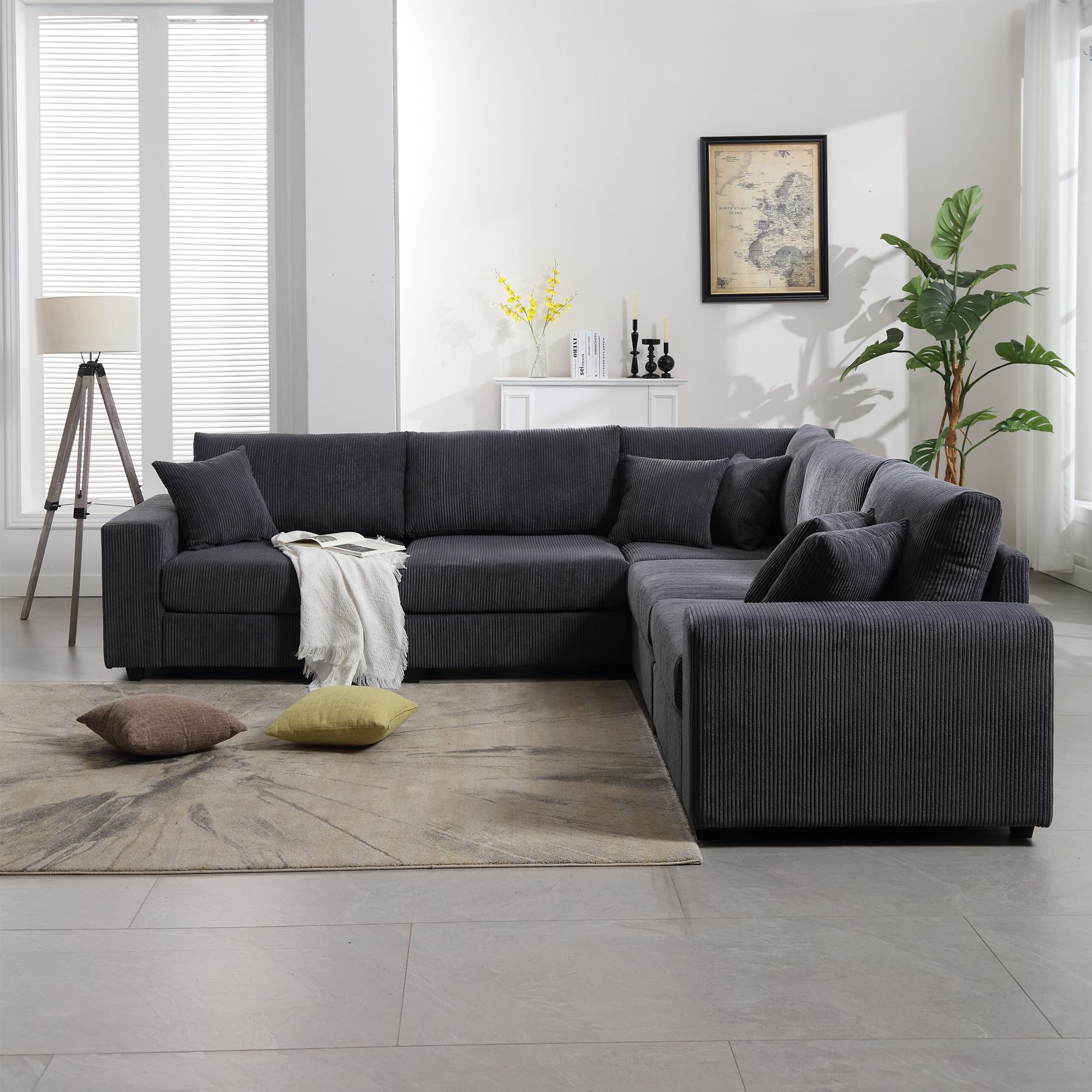 Familymill 117.2'' Oversized Symmetrical Modular Sectional Couches Set, Corduroy Upholstered Deep Seat Corner Sofa for Living Room (Dark Gray)