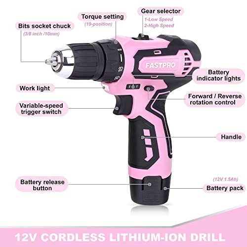 FASTPRO 175-Piece 12V Pink Drill Set, Cordless Lithium-ion Driver and Tool Kit, House Repairing Tool with 12-Inch Storage Bag, For DIY, Home Maintenance.