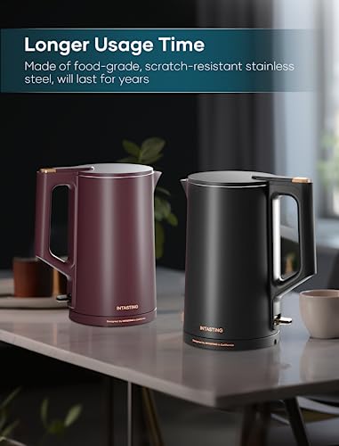INTASTING Electric Kettle for boiling water Double Wall 100% Stainless Steel Inner 1500W Fast Heating 1.5L Hot Water Boiler Auto Shut-Off & Boil Dry Protection BPA-Free Electric Tea Kettle Red