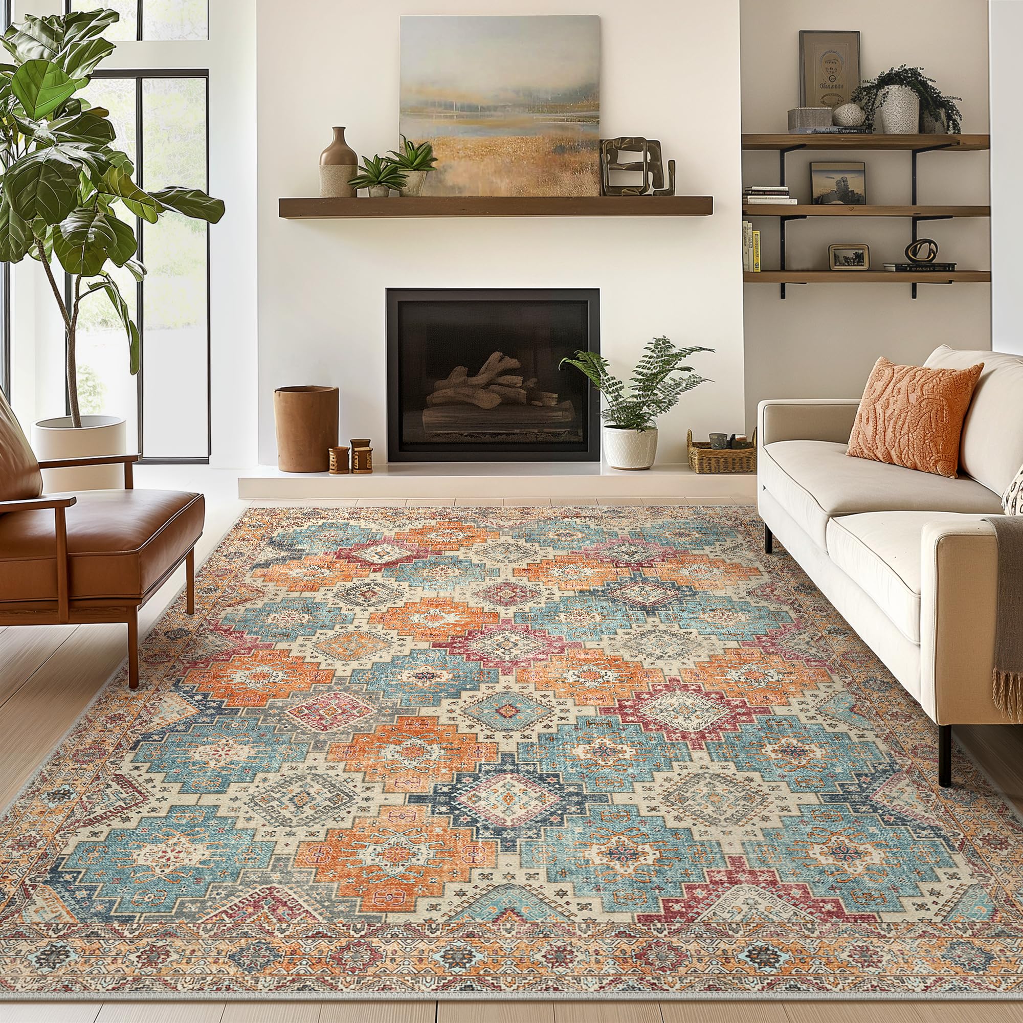 GENIMO Washable Area Rugs for Living Room Bedroom, 8x10 Vintage Moroccan Non-Slip Rug, Lightweight Oriental Accent Indoor Floor Carpet Cover for Dining Room Kitchen, Orange