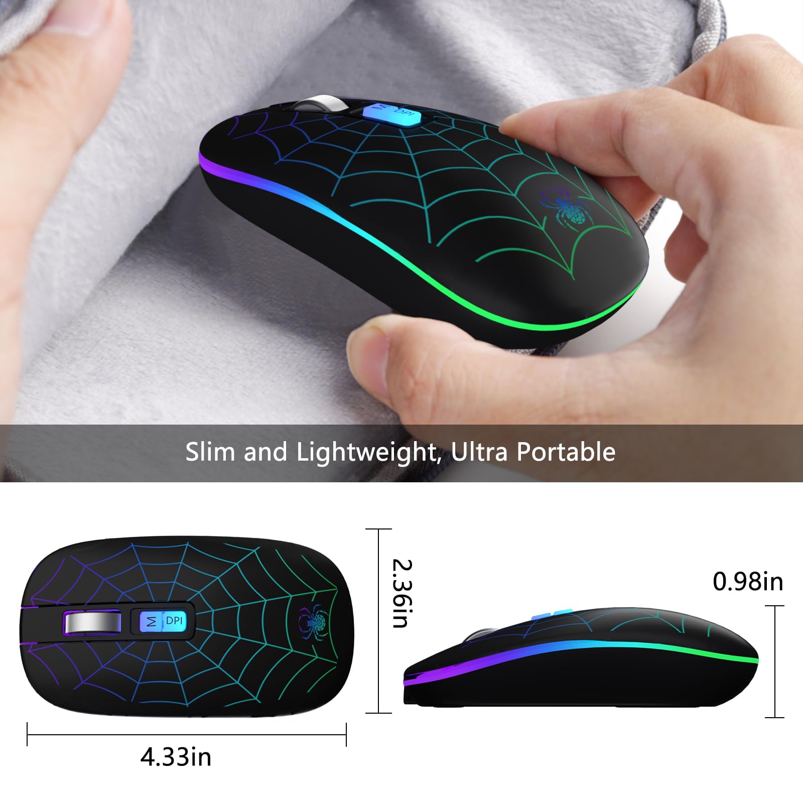 HOTLIFE Wireless Mouse,Wireless Bluetooth Mouse for Laptop - LED Computer Mice (Bluetooth 5.1 +USB) - Rechargeable Mouse - 2.4G Portable Tpye-c Mouse - Wireless Mouse for PC, Mac OS, Android, Windows