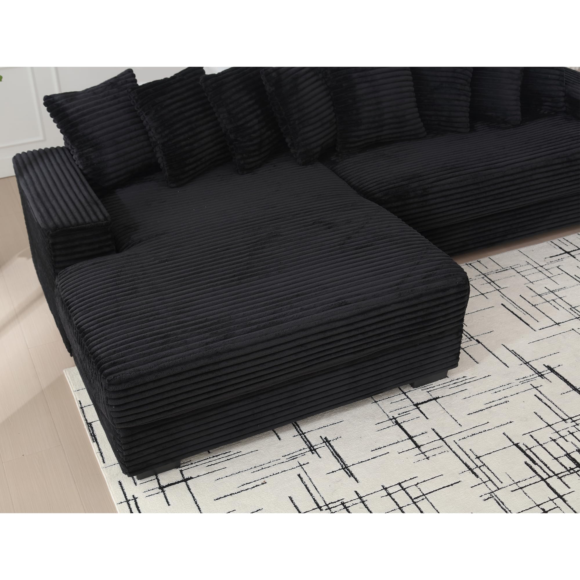 HanStrong Sectional Sofa Couch, 111"x60" L Shaped Comfy Corduroy Upholstered Sofa with Right Chaise & 8 Throw Pillows, Oversized Two-Piece Couches Corner Sofa for Living Room Apartment, Black