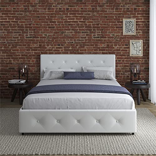 DHP Dakota Upholstered Platform Bed with Underbed Storage Drawers and Diamond Button Tufted Headboard and Footboard, No Box Spring Needed, Queen, White Faux Leather