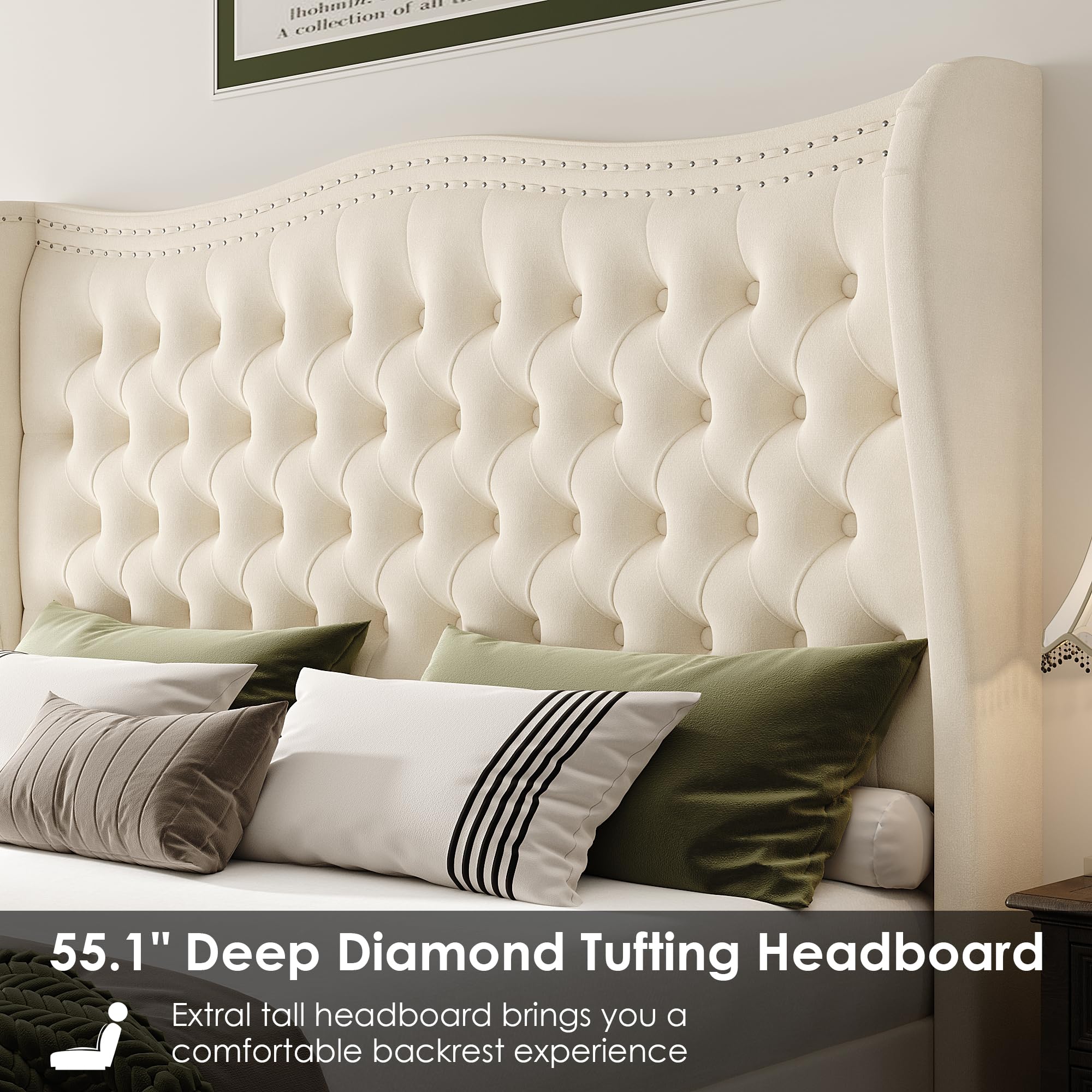 HOSTACK King Bed Frame, 55" Headboard Upholstered Bed with Tall Footbaord, Velvet Handmade Pleats Deep Button Tufted Wingback Platform Bed, No Box Spring Required/Wood Slat Support/Beige