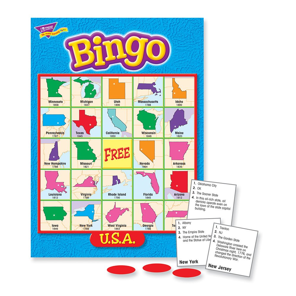 Trend Enterprises: U.S.A. Bingo Game, Exciting Way for Everyone to Learn, Play 8 Different Ways, Learn State Capitals, Nicknames & More, Great for Classrooms and at Home, 2 to 36 Players, for Ages 8+