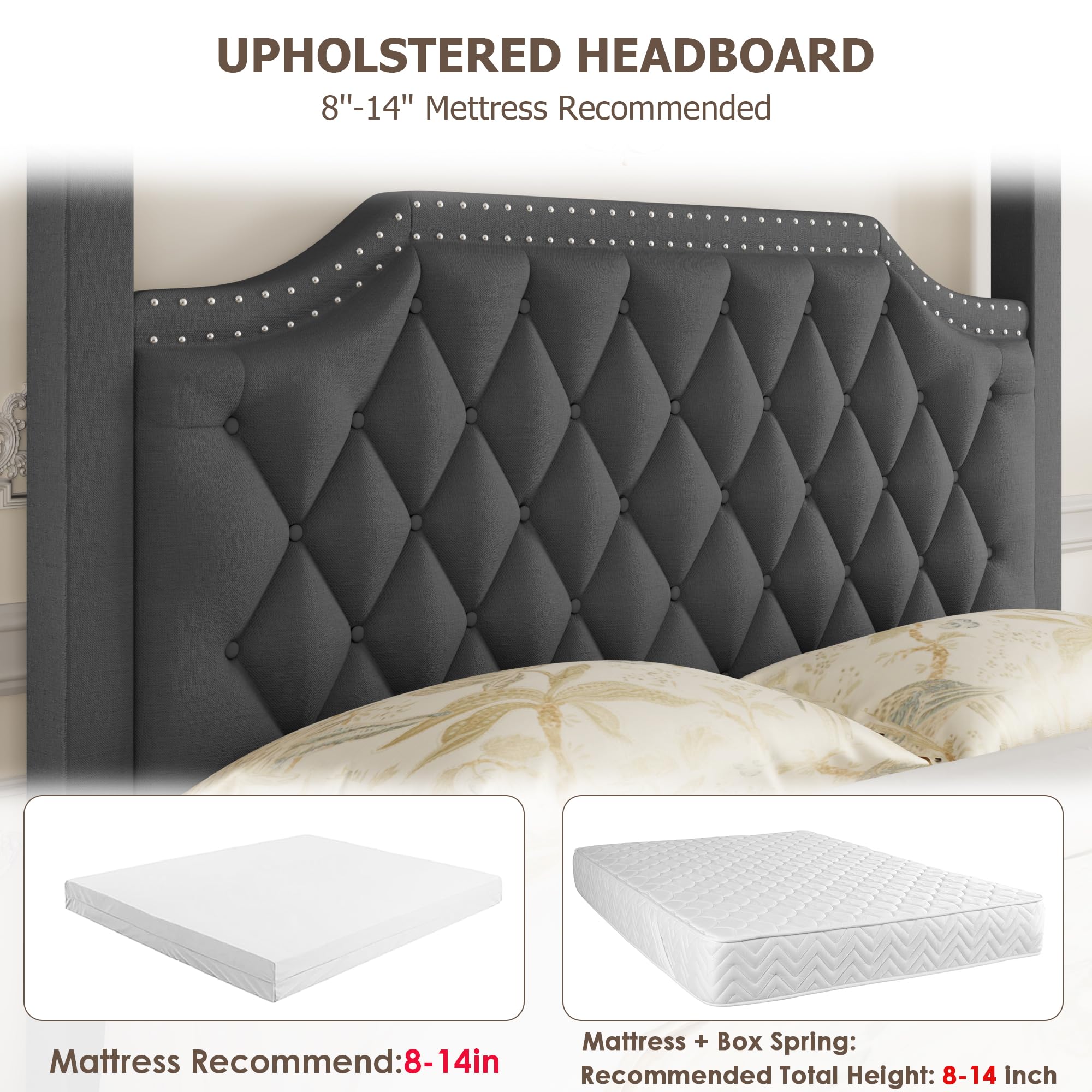 GarveeHome Upholstered Canopy Bed Frame Queen Size with headboard, Button Tufted, Nailhead Trim Design, No Box Spring Required, Gray
