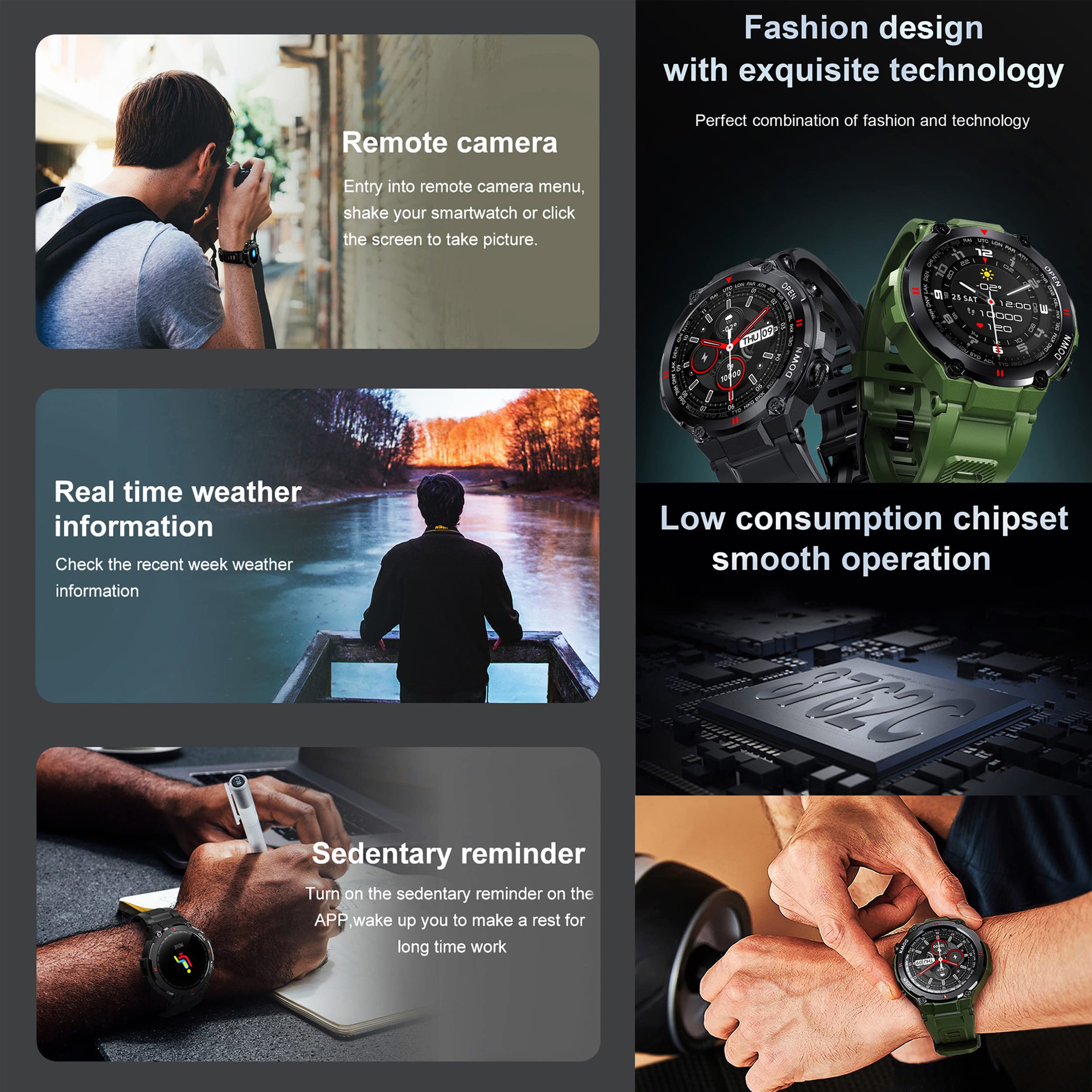 HOUJIN Smart Watch for Men Outdoor Waterproof Tactical Smartwatch Bluetooth Dail Calls Speaker 1.3 inch HD Touch Screen Fitness Tracker Watch for Android and iOS, Black