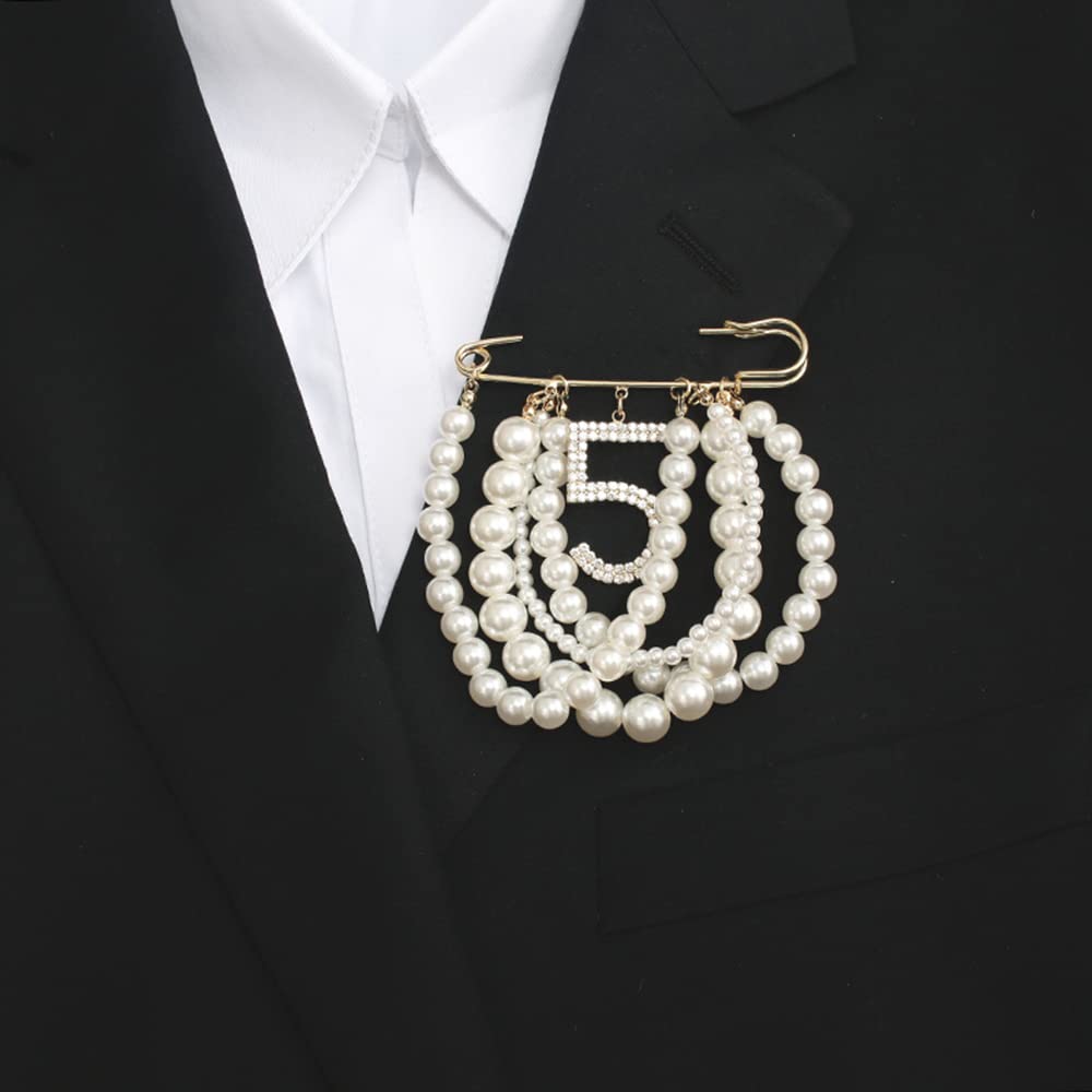 Celebrity Design Imitation Pearl Number Five Brooches Crystal Brooch Pins