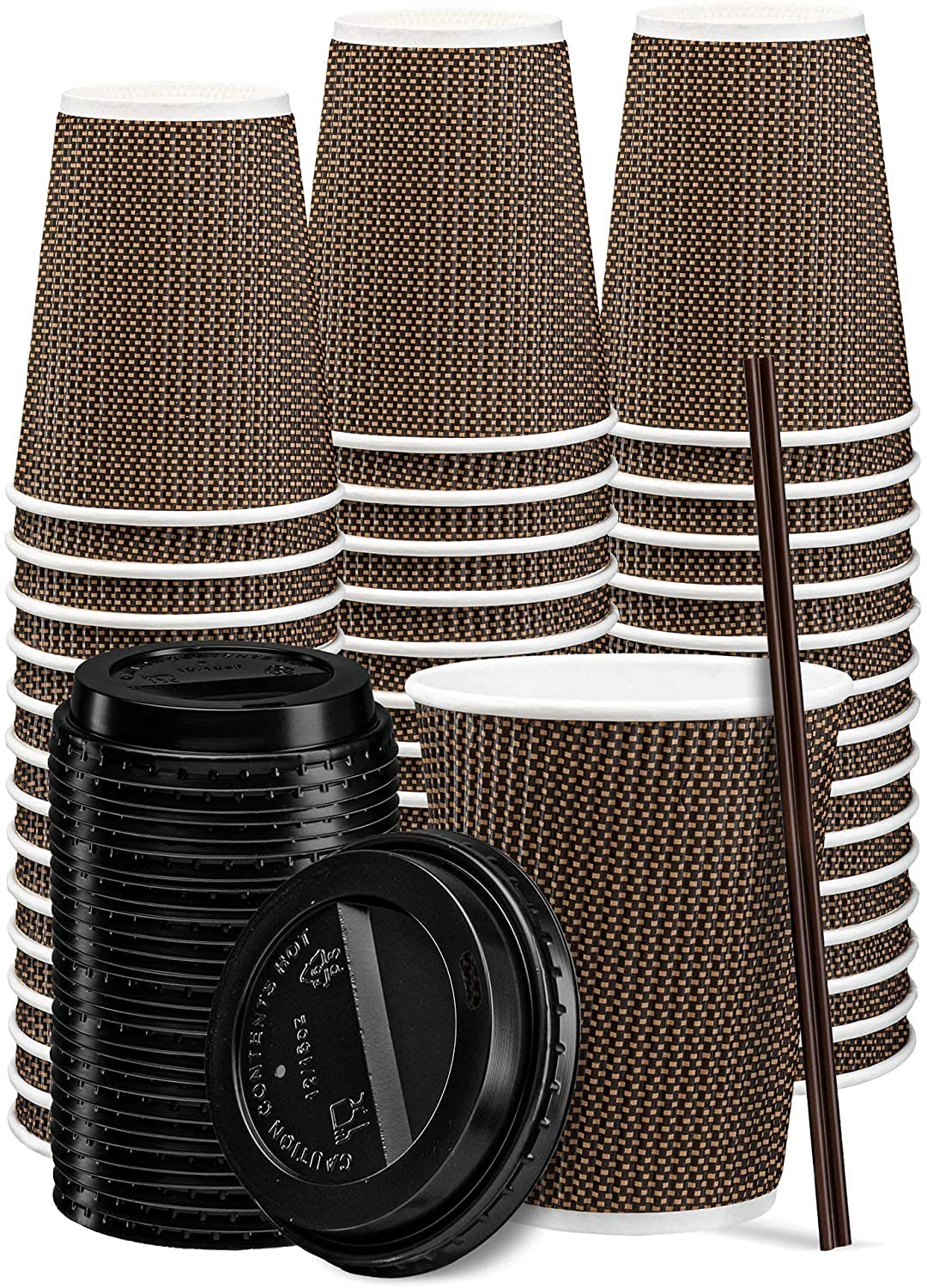 Comfy Package [12 oz. - 50 Sets Insulated Brown Patterned Ripple Paper Hot Coffee Cups With Lids (Lids Color May Vary) - Ideal for Hot Beverages, Travel, and Office Use