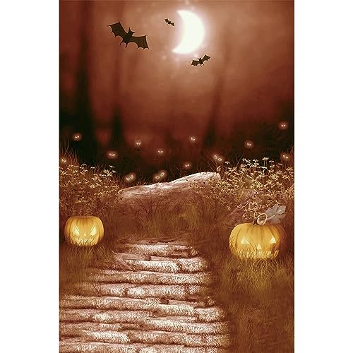 MOONDECO Photography Backdrop 5x7ft Halloween Forest Road Pumpkin Lamp Fire Fly Bat Background Children Party Photo Booth Moon Light Decorations