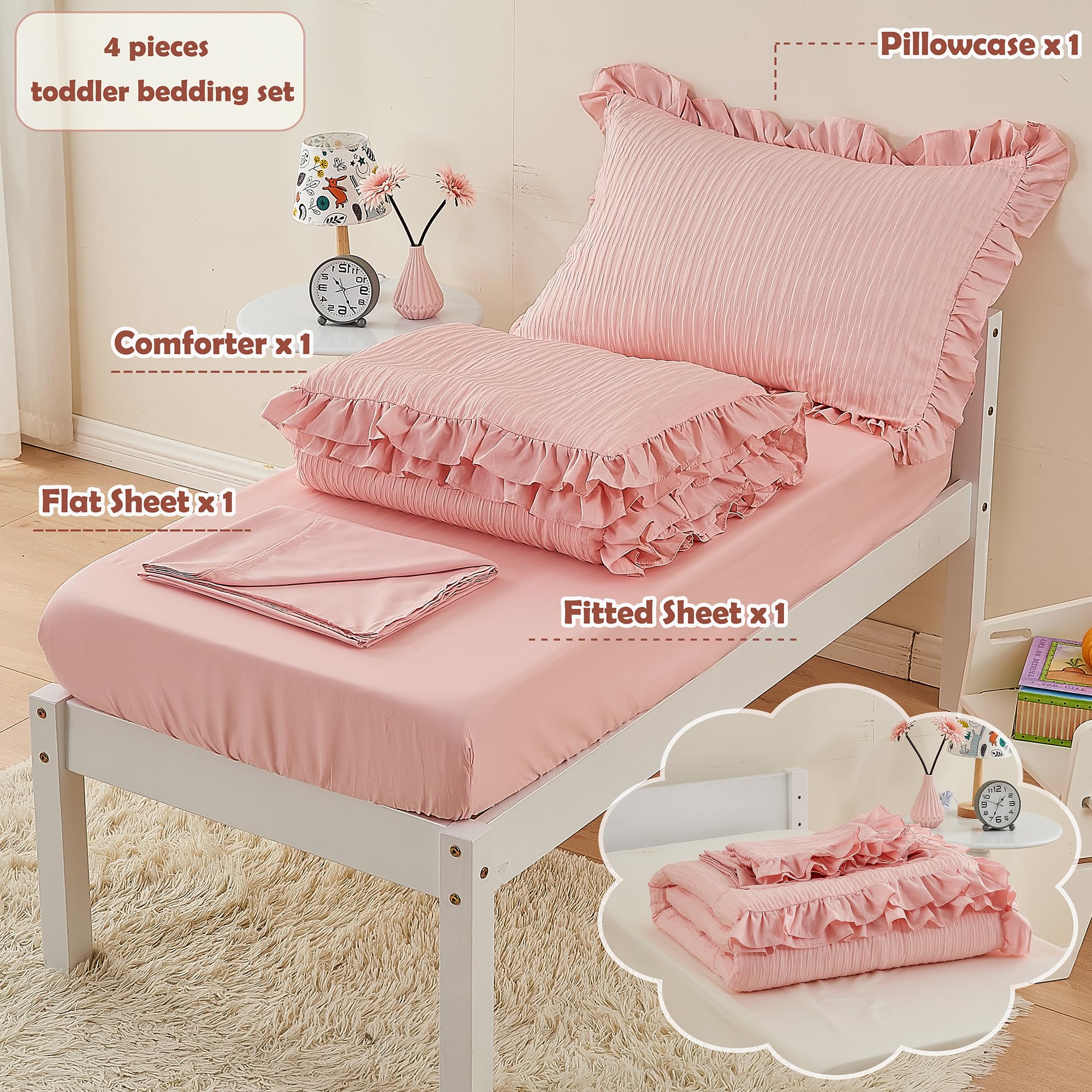 Cozyholy 4 Piece Textured Seersucker Toddler Bedding Set Girls Crib Sheets Set Pink Ruffle Baby Bed Comforter Set Lightweight Bed in a Bag | Include Comforter, Flat Sheet, Fitted Sheet, Pillowcase