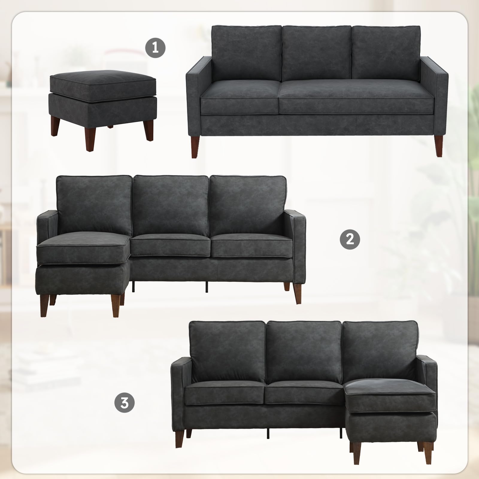 HAOMARKETS Sectional Couches for Living Room, L Shaped Couch with Solid Wood Feet, Faux Leather 3 Seats Sofa with Reversible Chaise for Apartment Small Spaces, Brown