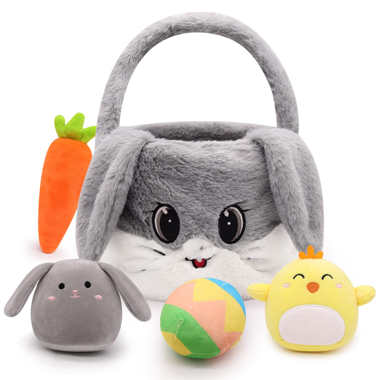 Easter Basket for Kids, Easter Baskets with Handle for Easter Eggs Hunting, Cute Easter Decoration Bunny Bags Filled with Plush Toys, Easter Theme Party Favor Easter Gifts for Boys Girls