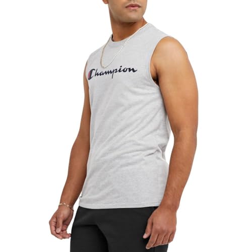 Champion T-Shirt, Sleeveless, Tank, Classic Muscle Tee Top for Men (Reg Tall), Oxford Gray Script, 4X-Large Big