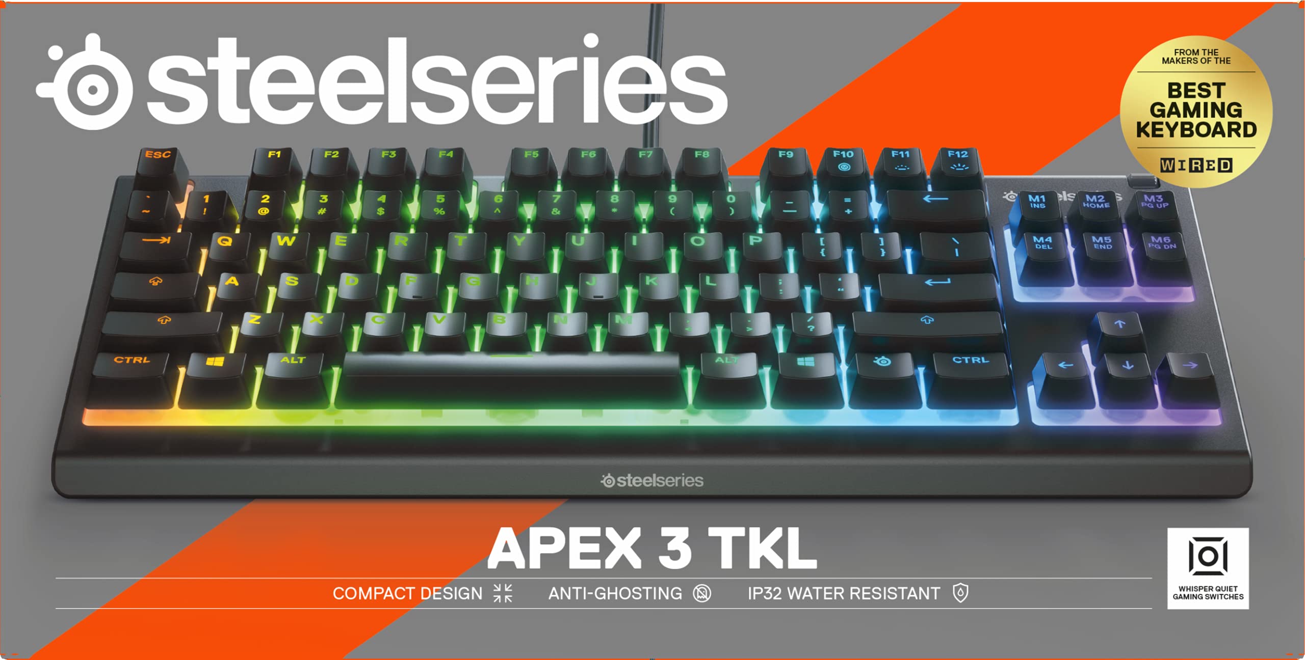 SteelSeries Apex 3 TKL RGB Gaming Keyboard – Tenkeyless Compact Form Factor - 8-Zone RGB Illumination – IP32 Water & Dust Resistant – Whisper Quiet Gaming Switch – Gaming Grade Anti-Ghosting (Renewed)