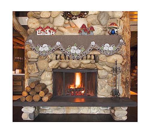 Embroidered Fireplace Mantel Scarf with White Daisy on Brown Linen and Cut Work (19Wx90L)