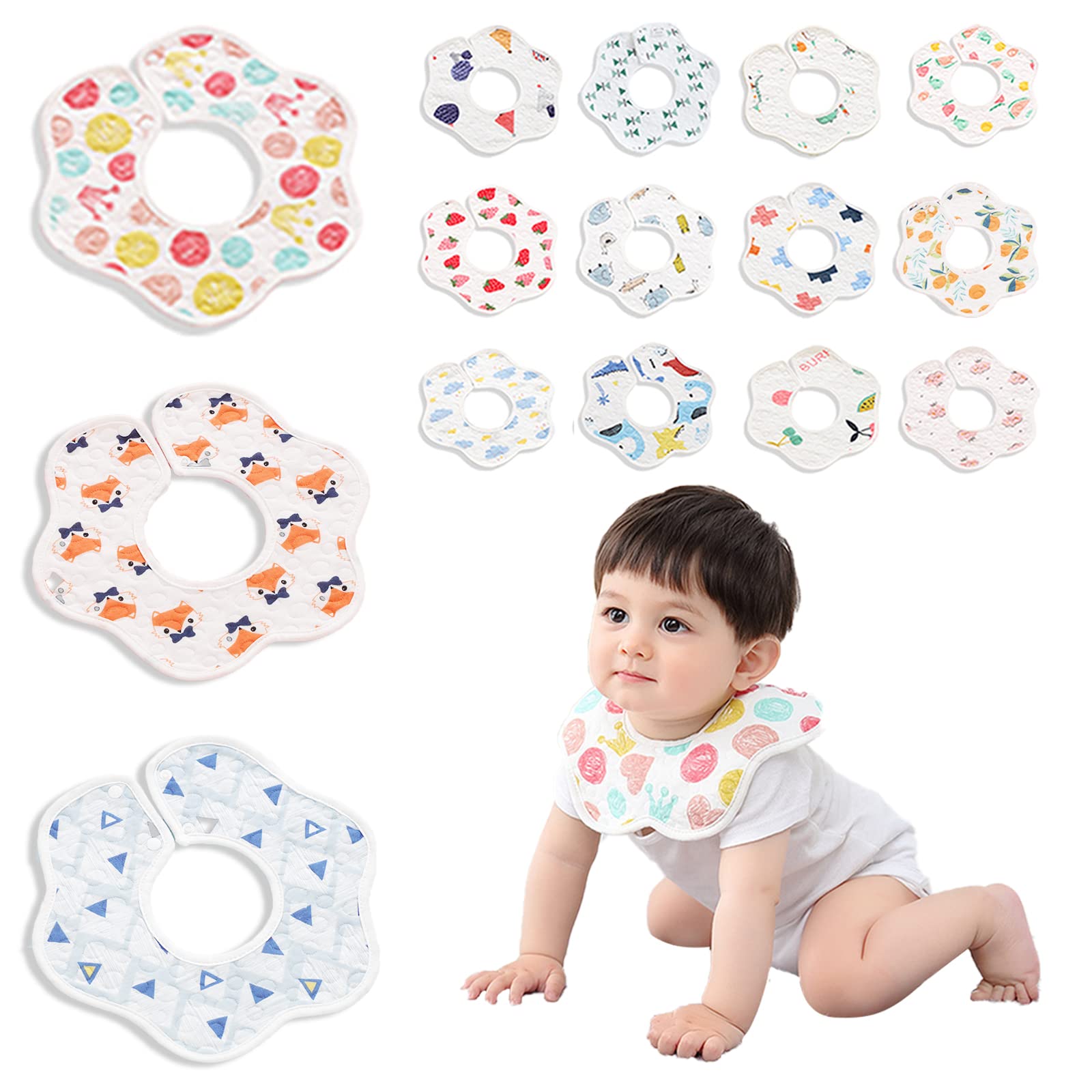 MOTEERLLU Cotton Baby Bibs,15-Pack 360â Rotate Soft Baby Bib Drooling Bibs for Girls and Boys, Waterproof Absorbent and Adjustable Bib Set