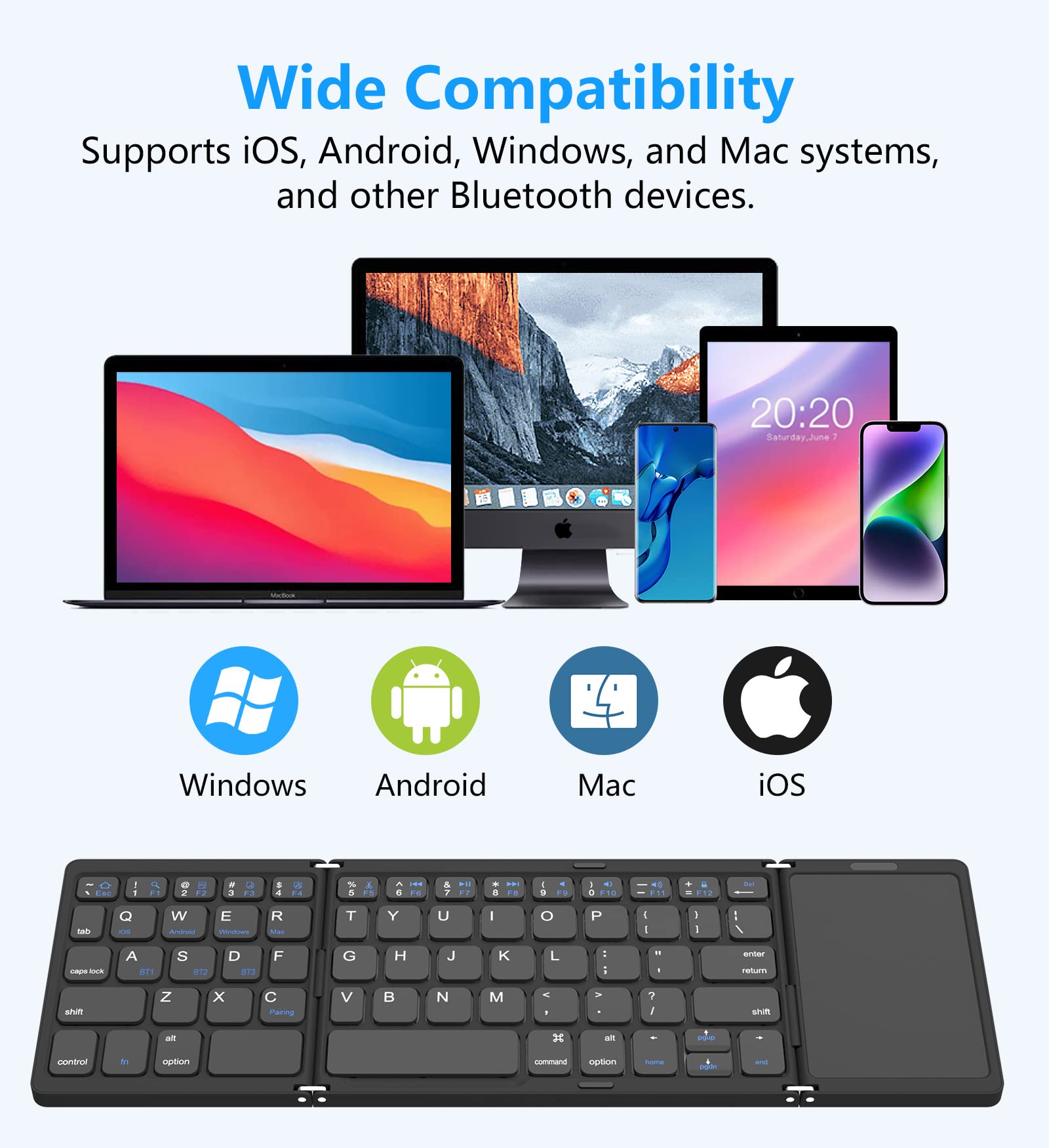Erkovia Foldable Bluetooth Keyboard, Tri- Foldable Portable Wireless Keyboard with Touchpad, USB-C Rechargeable for iOS, Android, Windows System Laptop Tablet Smartphone Device (Not Full Size)