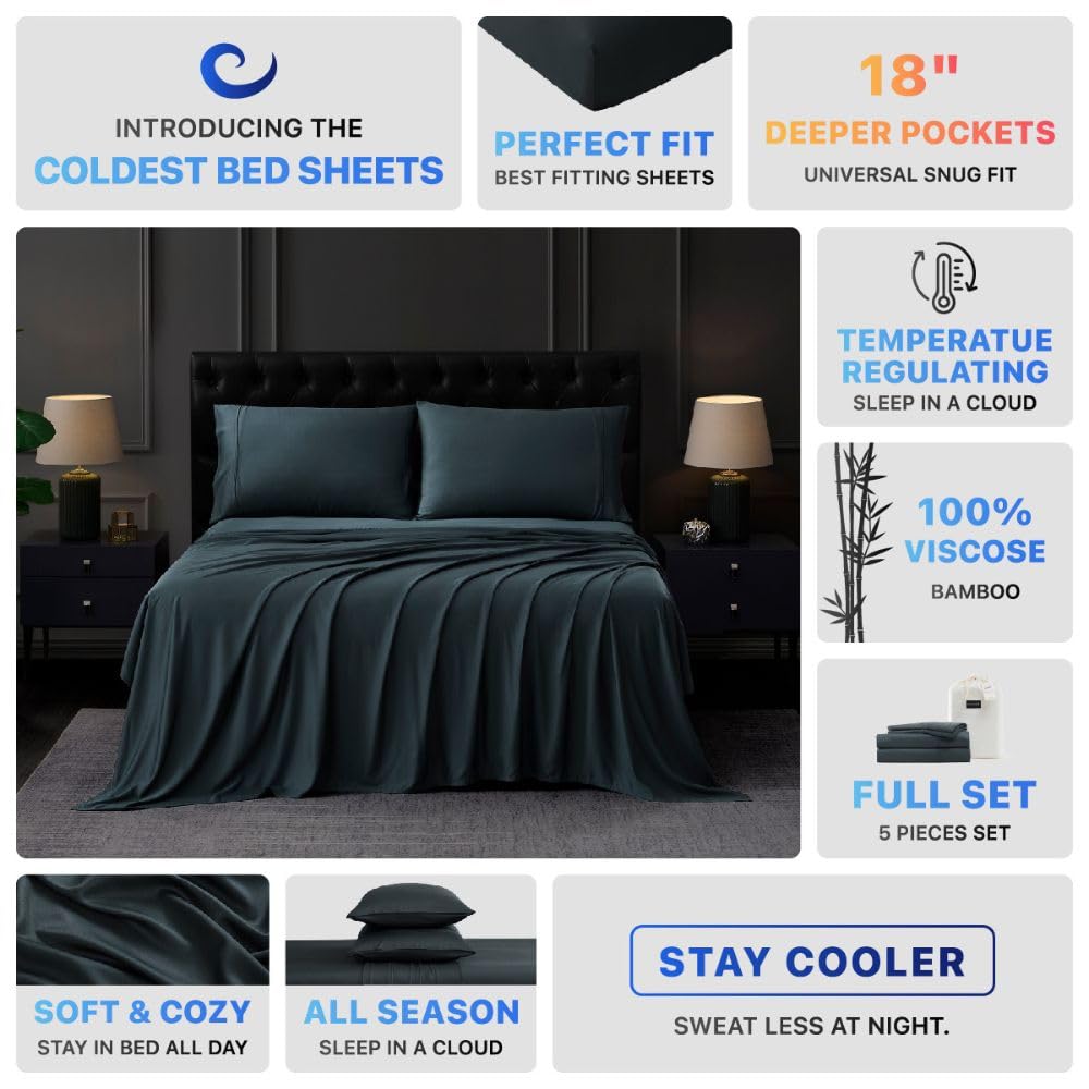 Coldest 100% Organic Viscose Derived from Bamboo Sheets, Luxury Ultra Soft & Cooling, Deep Pocket, Double Stitching - Ideal for Hot Sleepers - Queen Size 5 Pieces Set