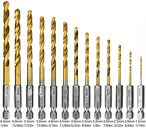 Titanium Twist Drill Bit Set - 13 Pcs Hex Shank High Speed Steel, Premium 4341 HSS Titanium Impact Hex Drill Bits for Wood, Steel, Metal, Plastic, Quick Change Design (1/16”-1/4”)