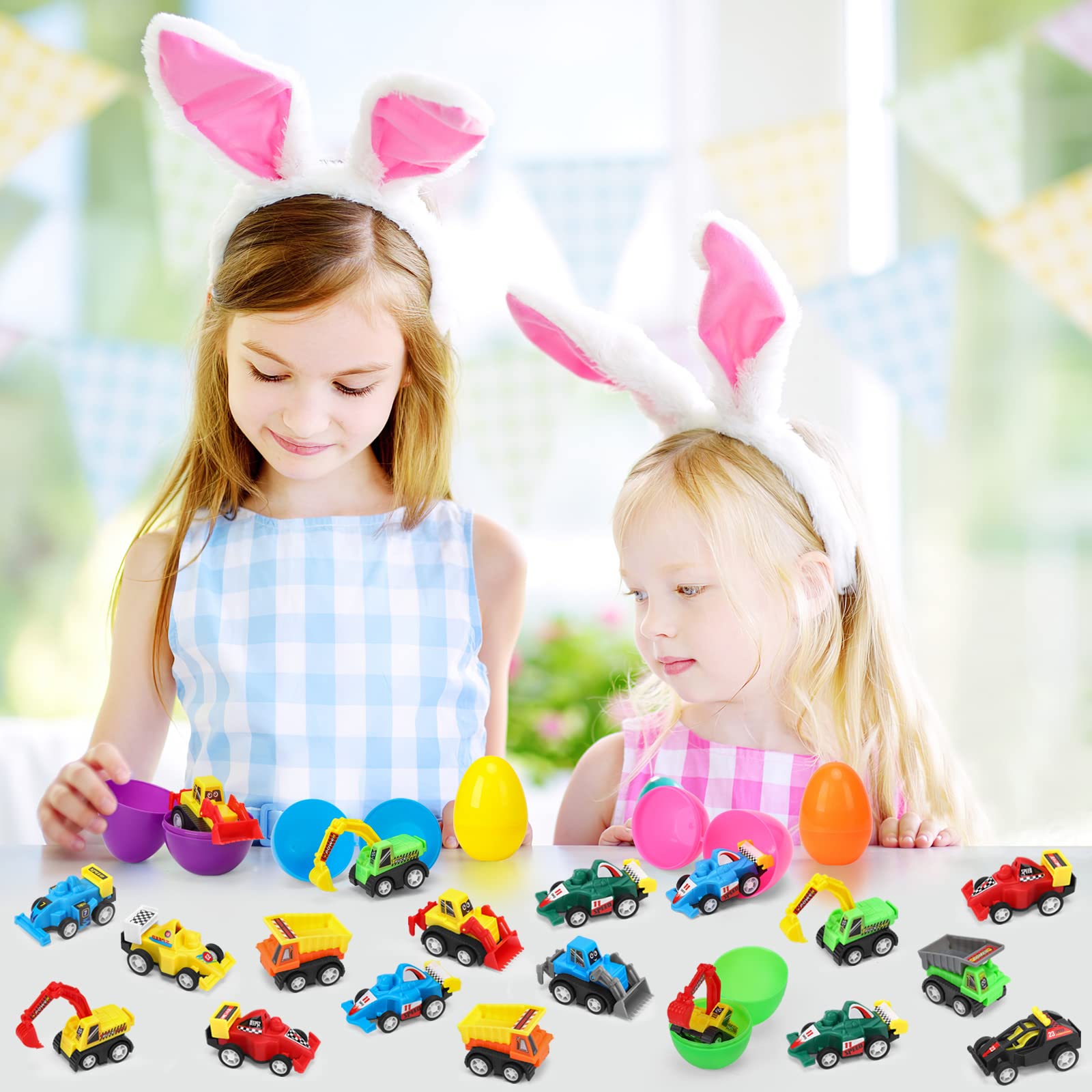 Easter Eggs with Toy Cars, 12 Pcs Prefilled Easter Eggs with Pull Back Construction Vehicle, Kids Easter Basket Stuffers, Easter Egg Fillers, Easter Party Favors, Easter Eggs Hunt Goodie Bags Fillers