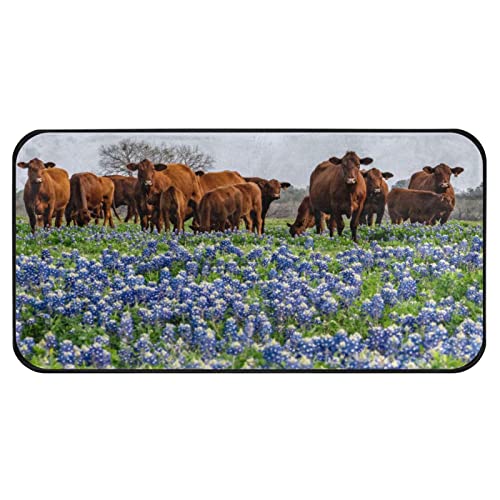 Cows Bluebonnets Spring Kitchen Rugs Cattle Animal Bath Mat for Bathroom Absorbent Non Skid Washable Standing Floor Desk Mat Runner Carpet for Home Office Hallway Sink Stove Laundry 39X20 inches