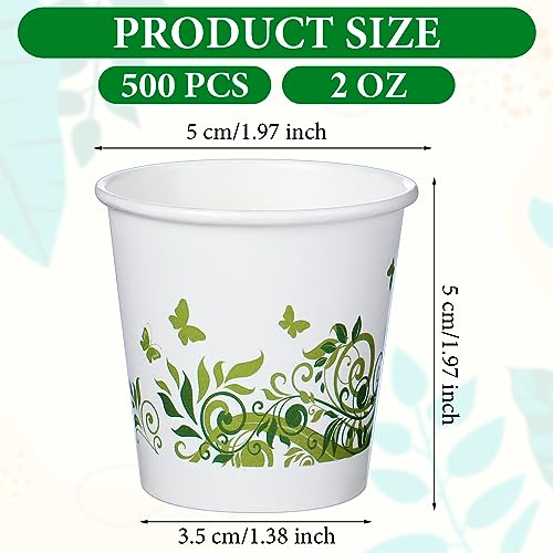 Irenare 500 Pack 2 oz Paper Cups with 2 Pcs Paper Cup Dispenser Disposable Bathroom Mouthwash Cups Green Leaf Small Hot Cold Beverage Drinking Cups for Home Kitchen Holiday Party Event Picnic Travel