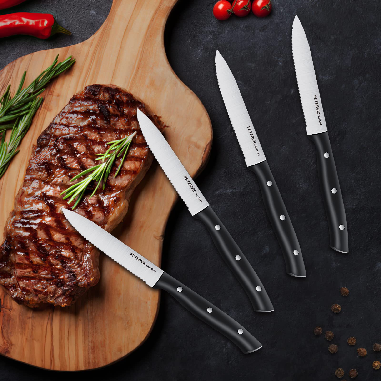 FETERVIC Knife Set with Block, 12-Piece Premium Kitchen Knife Set with Chef Knife, Sharpener and Serrated Steak Knives, Ultra Sharp German Stainless Steel Chef Knife Set