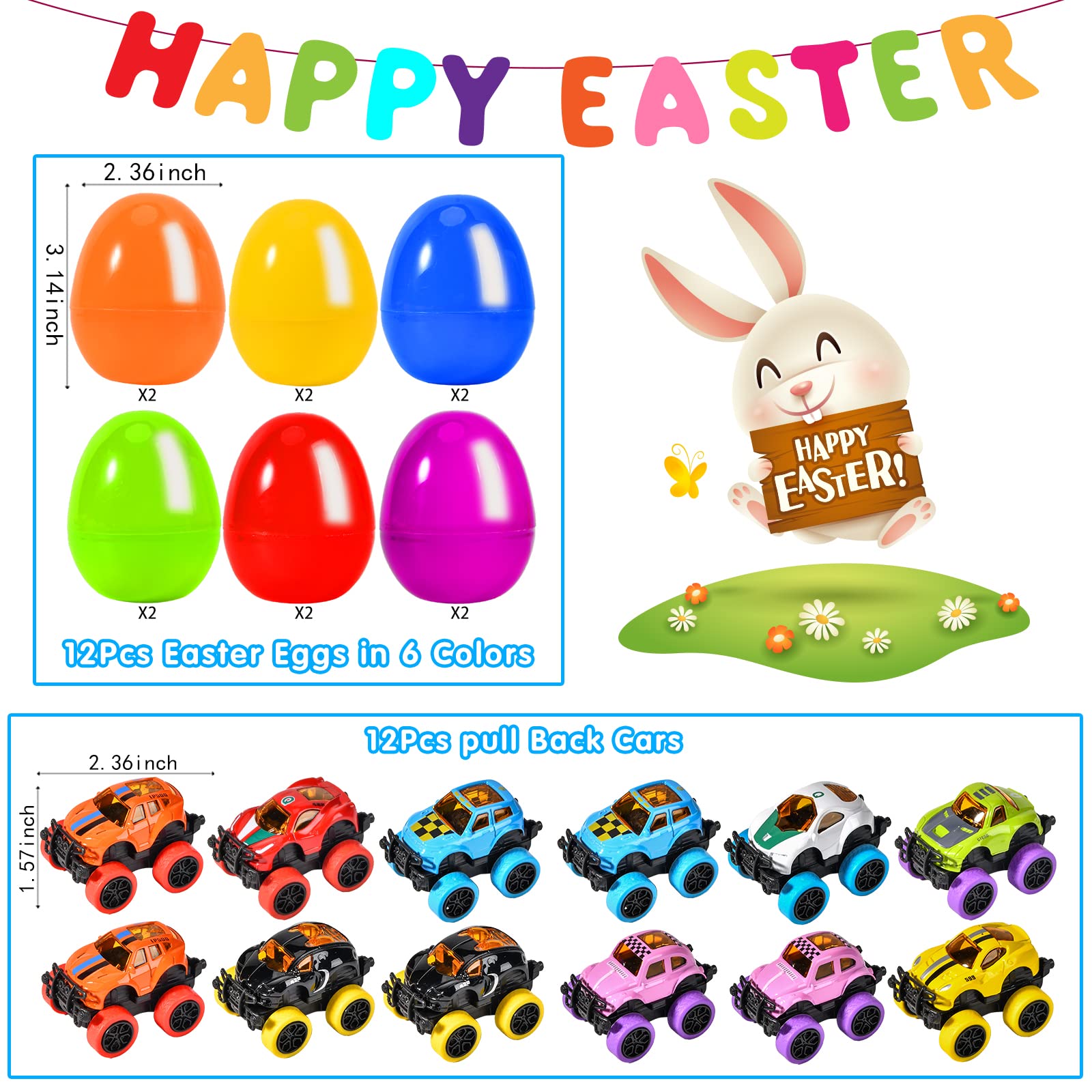 Easter Eggs with Die-cast Cars for Easter Egg Hunt, Easter Egg Filled with Pull Back Monster Car Trucks for Kids Easter Party Favor, Easter Basket Stuffer, Easter Prizes Rewards for Boys Kids,12 Pack