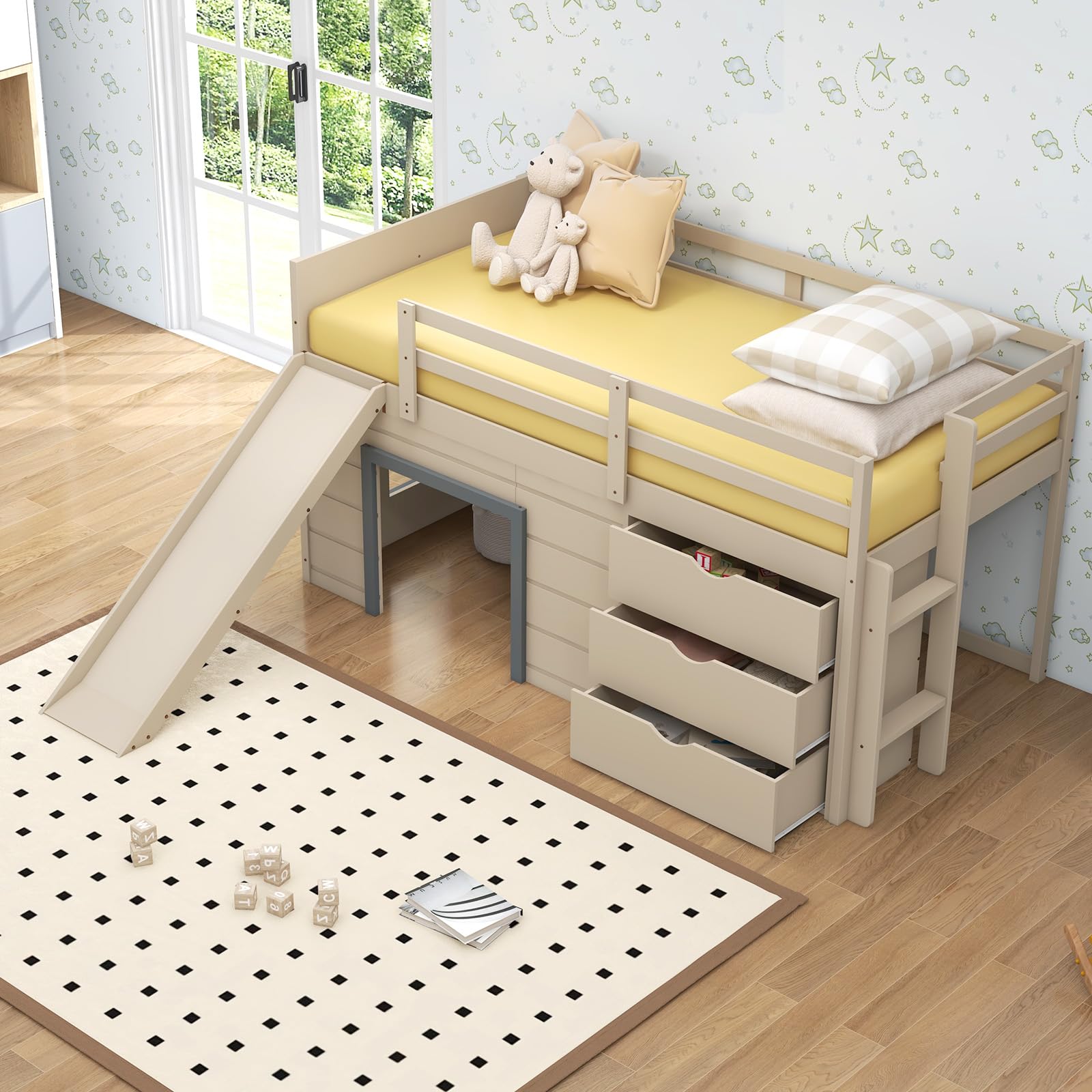 Giantex Twin Low Loft Bed with Slide, Solid Wood Twin Loft Bed with Ladder, 3 Storage Drawers and Bottom Game Space, Kids Bed Frame for Girls Boys, No Box Spring Needed, Sage