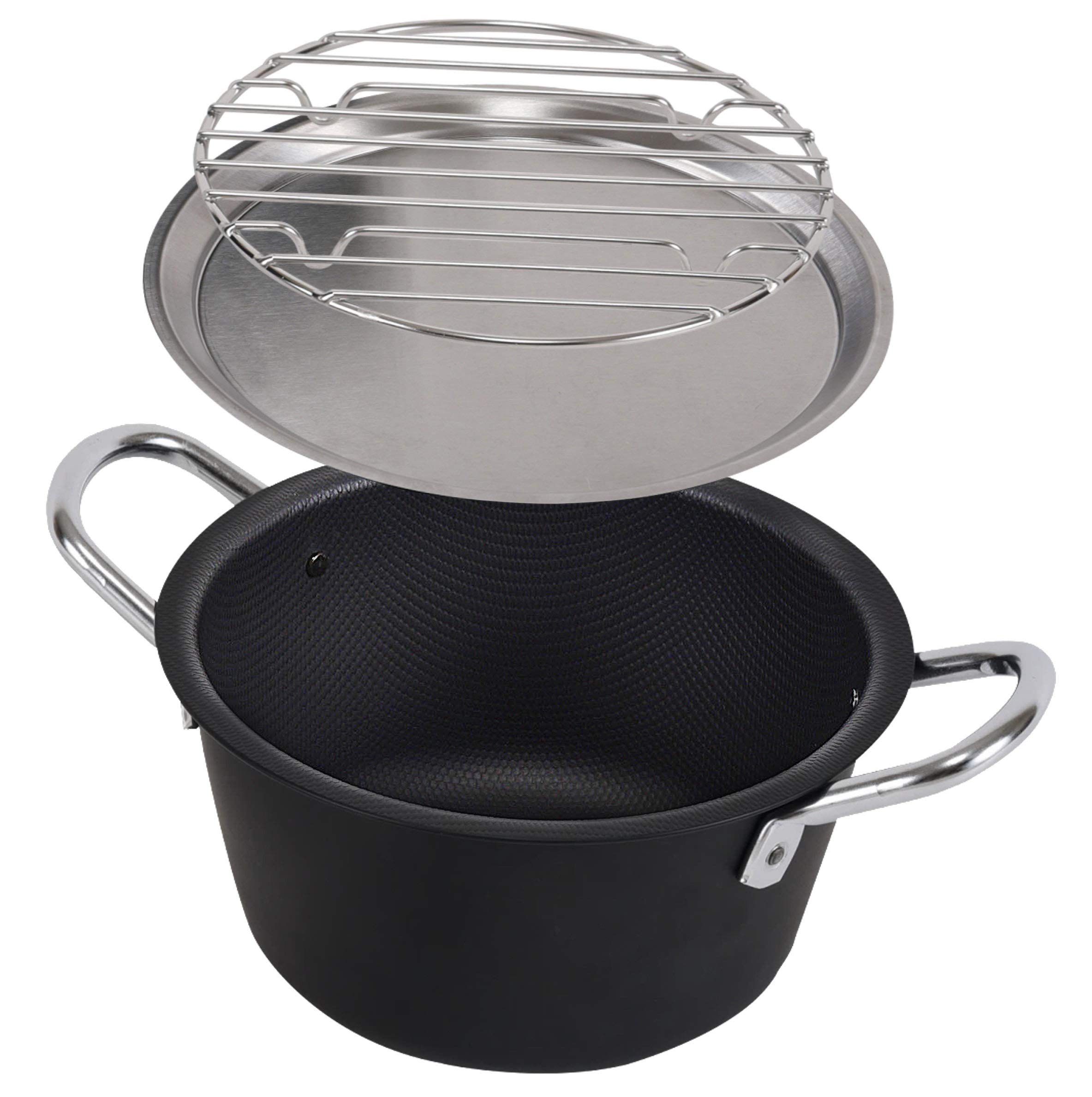 Ernest A-77360 Tempura Pot, 3-Piece Set, Made in Tsubamesanjo, Amy/Lid), Embossed, Iron Frying Pot, Easy to Clean, Mini, 7.1 inches (18 cm), Deep Type (Gas/Induction Compatible), Black